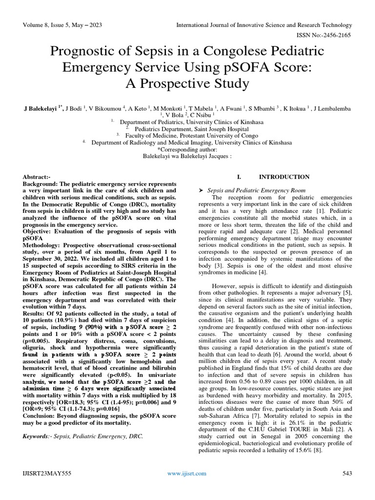 Prognostic of Sepsis in A Congolese Pediatric Emergency Service Using ...