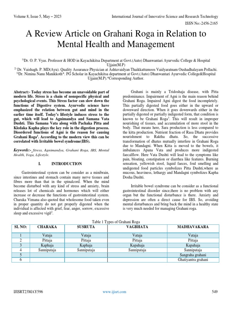 A Review Article On Grahani Roga in Relation To Mental Health and ...