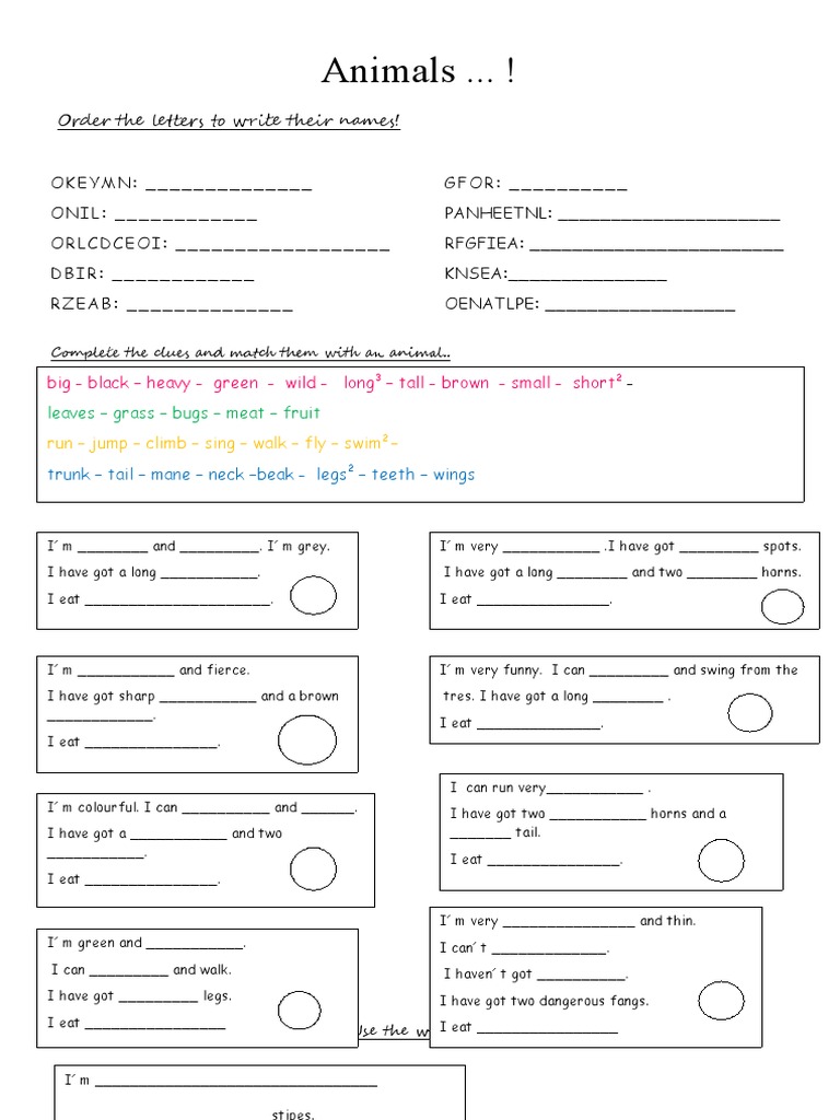 Animals Descriptions Reading Comprehension Exercises Writing Creative W ...