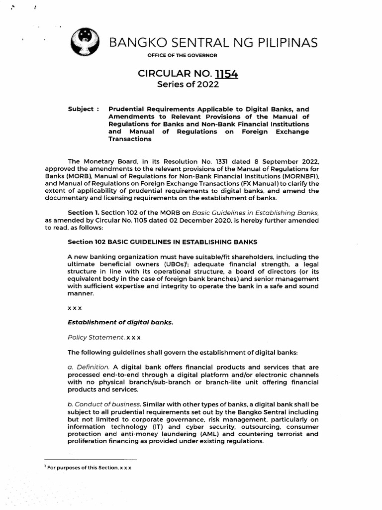BSP Circular No. 1154, Series of 2022 - Prudential Requirements Applicable To Digital Banks ...