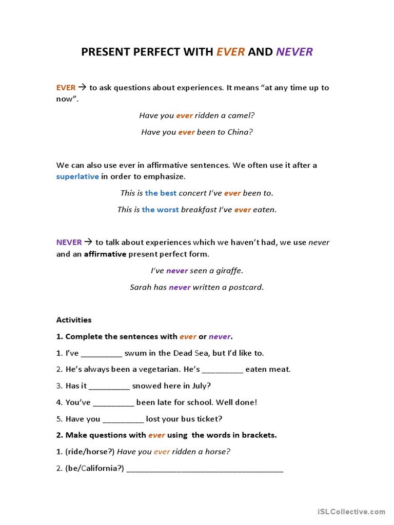Present Perfect With Ever and Never | PDF | Self-Improvement