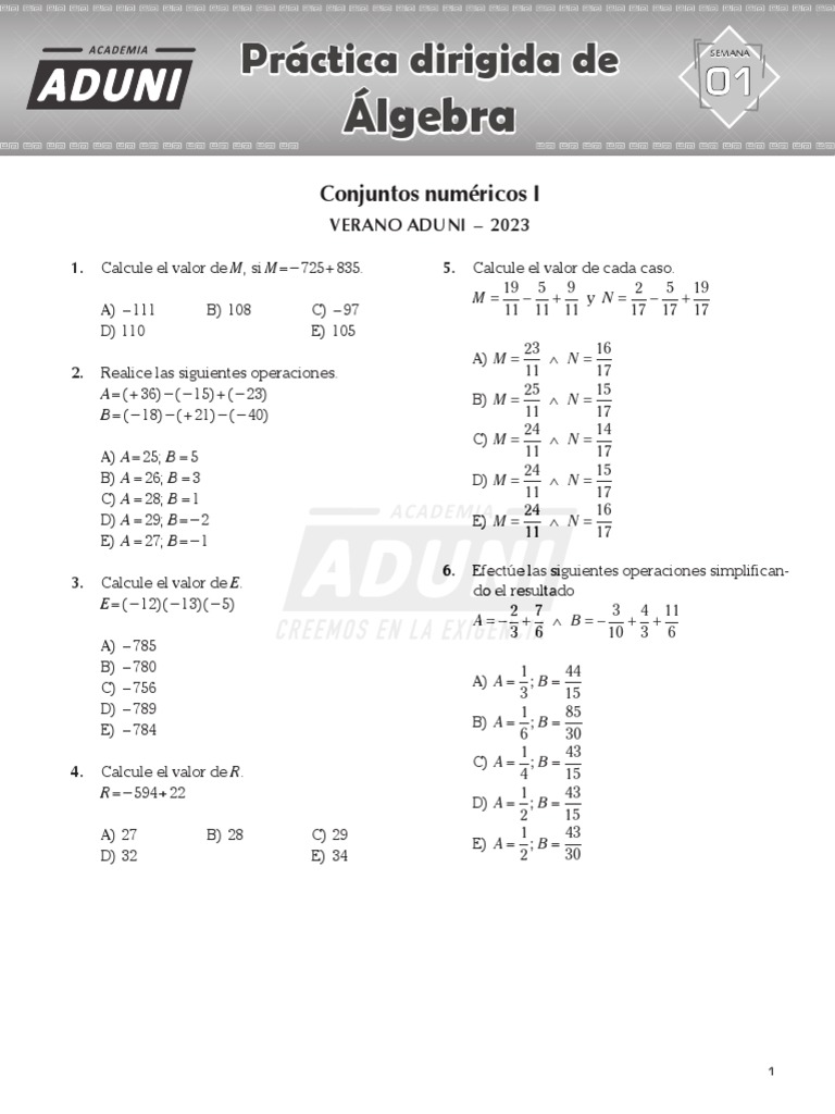 Algebra Practica Dirigida Semana 1 | PDF | Ajedrez Algebra Practica Dirigida Semana 1 | PDF | Ajedrez