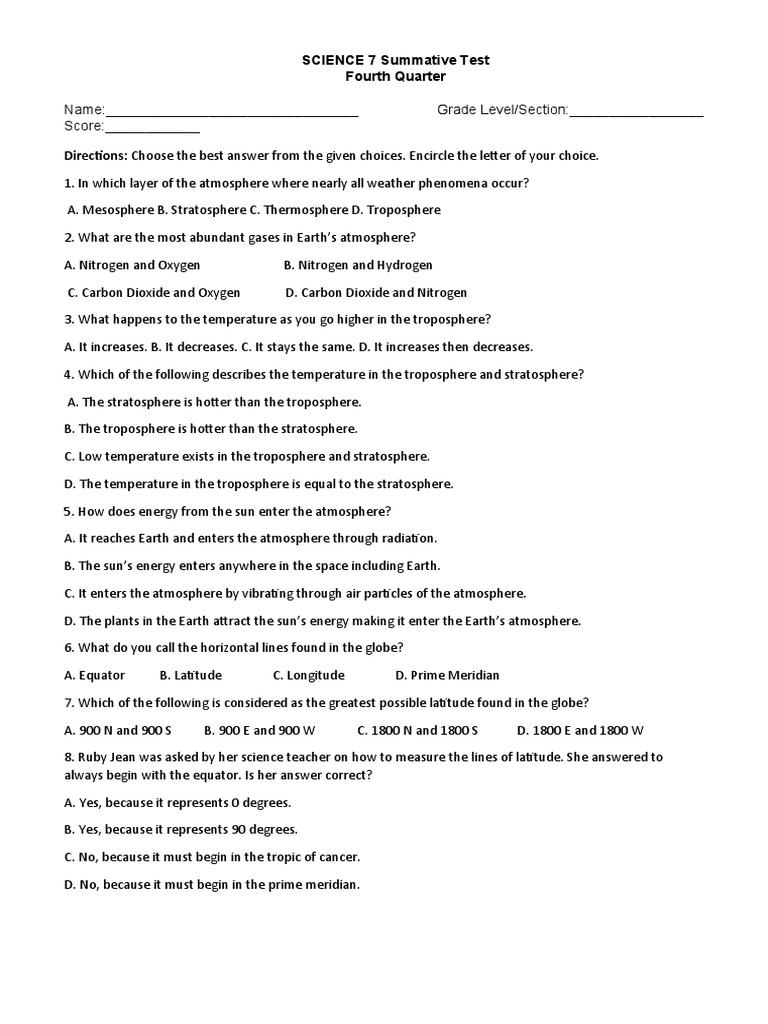 SCIENCE 7 Summative Test Q4 | PDF | Atmosphere Of Earth | Atmosphere