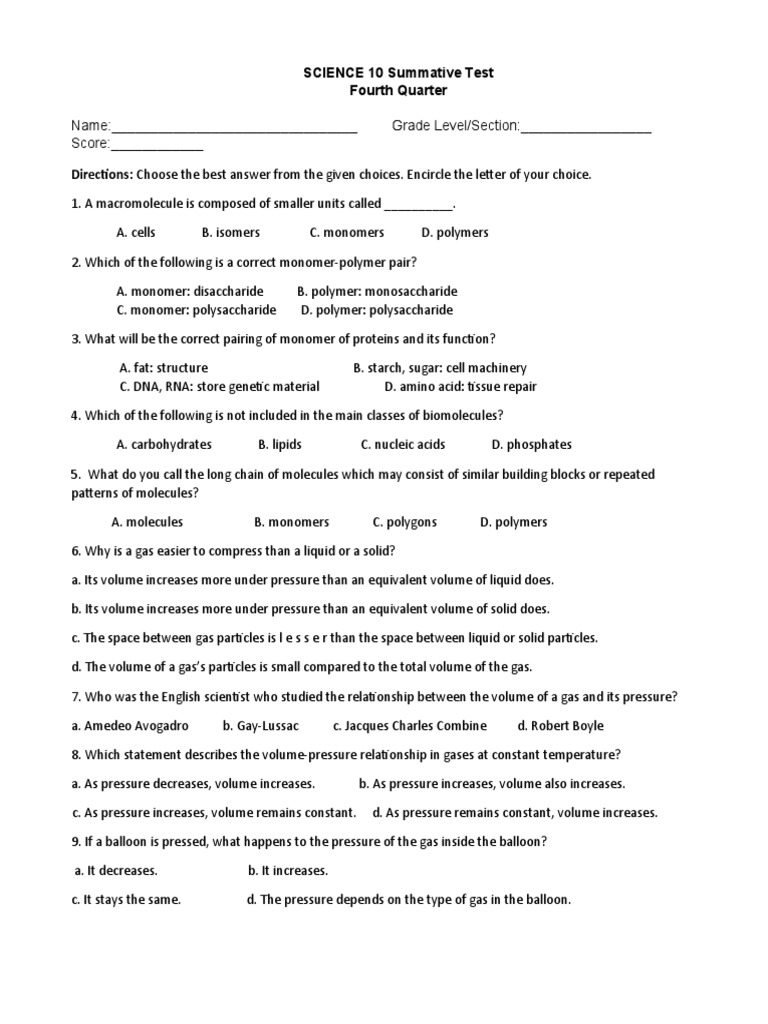 SCIENCE 10 Summative Test Q4 | PDF | Gases | Temperature