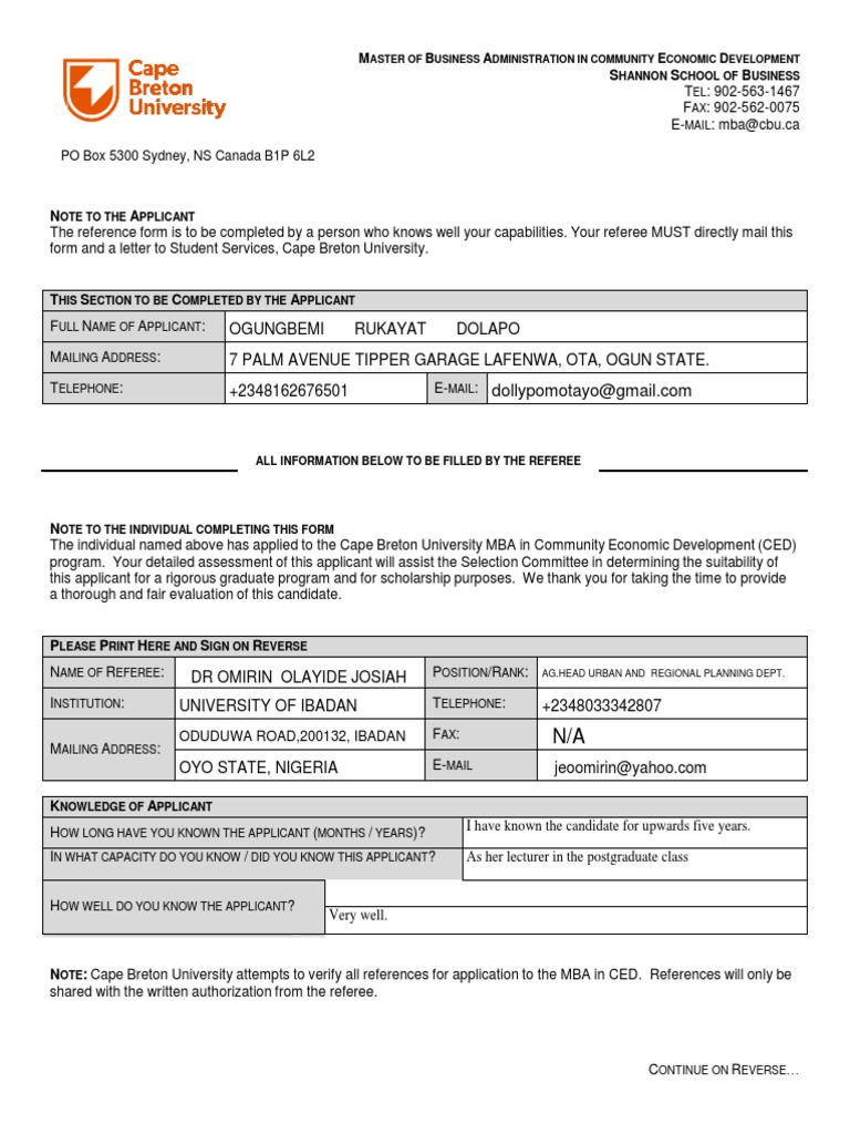 Cape Breton University Reference-Form | PDF