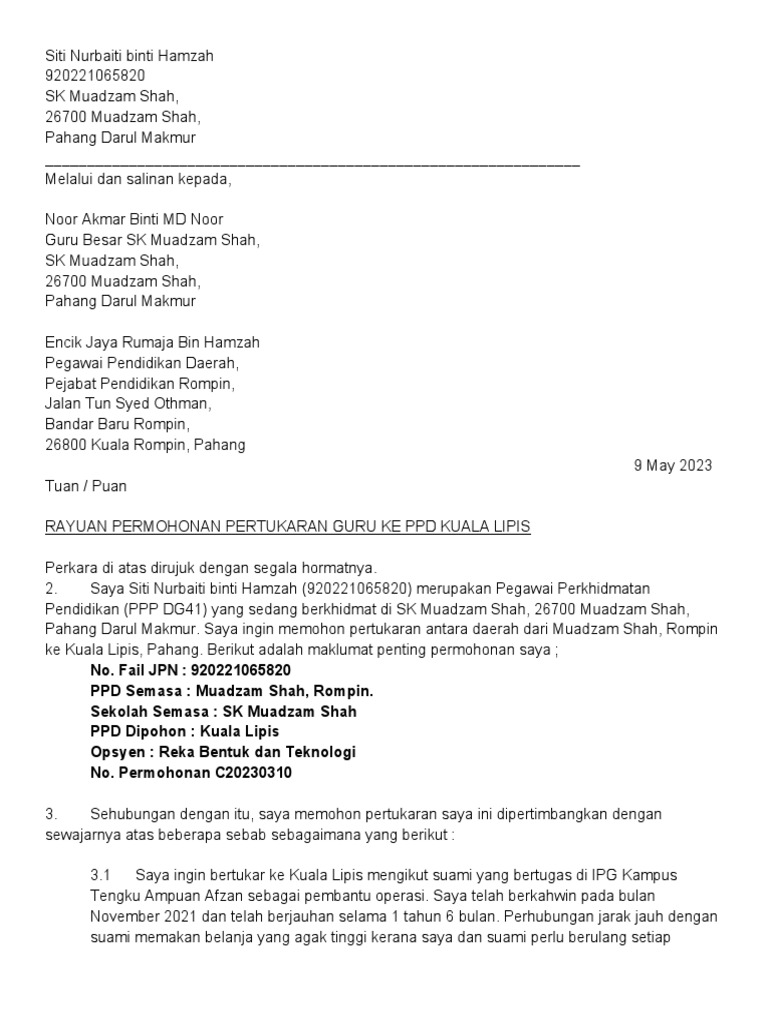 Contoh Surat Rayuan Pertukaran Sekolah 2023 | PDF