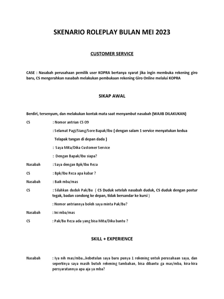 Skenario Roleplay Customer Service Bank | PDF