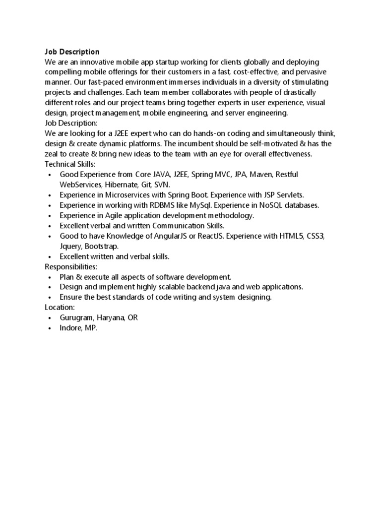 Job Description For Java Developer | PDF