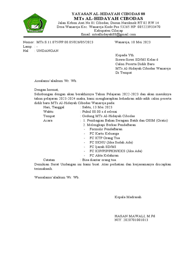 Undangan Calon Siswa Baru Dari SD | PDF