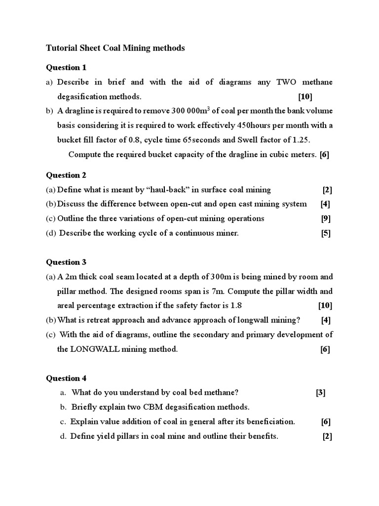 Coal Mining Methods Tutorial Sheet | PDF | Home & Garden | Science & Mathematics