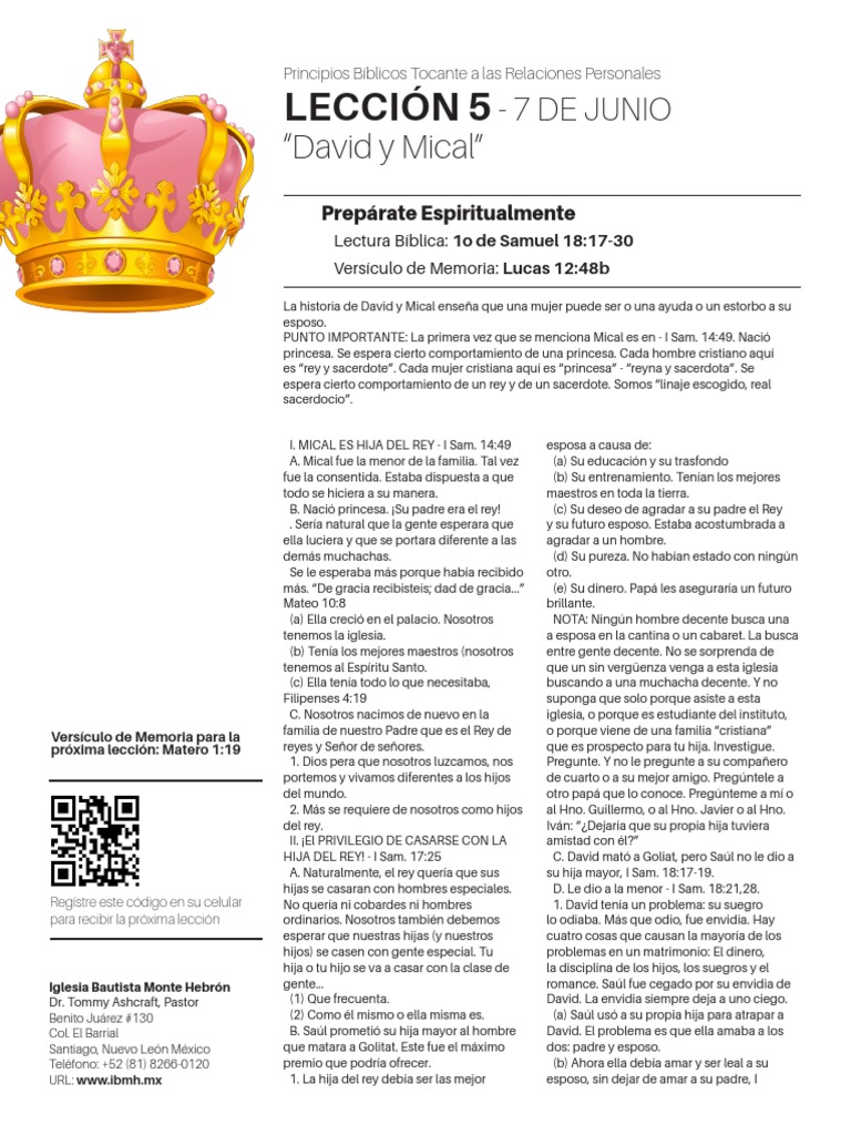 Lección 5: "David y Mical" | PDF | David | Saulo