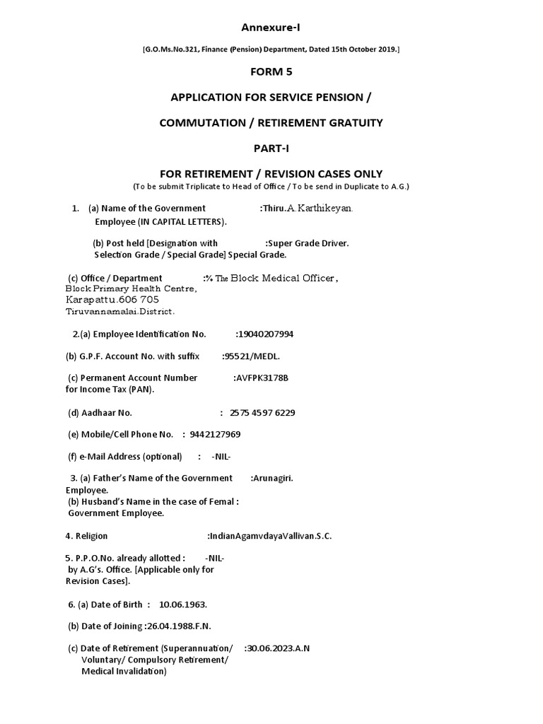 Pension.G.O.ms - No.321.Dt.15.10.2019.Thiru.a.karthikeyan - SPL GR Driver. | PDF