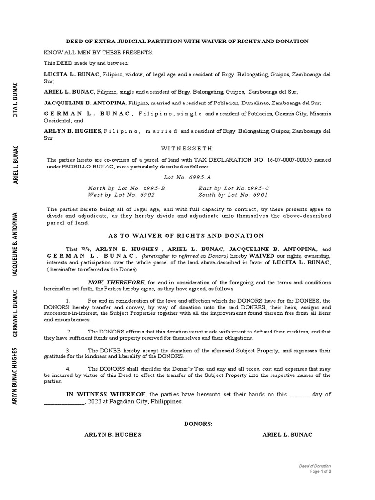 Deed of Extra Judicial Partition With Waiver of Rights and Donation | PDF