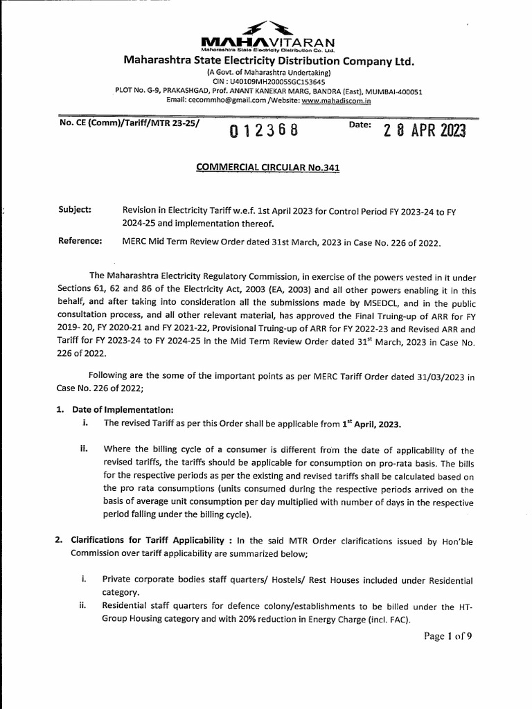 Commercial Circular 341 DTD 28.4.2023 MERC Order Case No. 226 of 2022 | PDF
