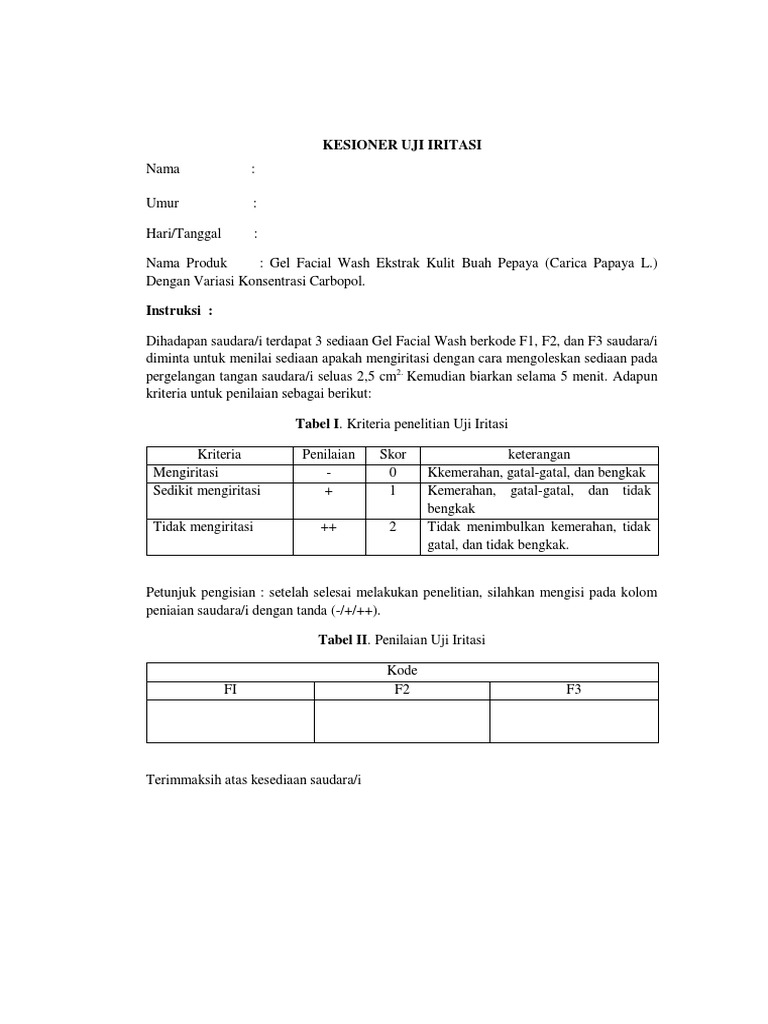 Kesioner Uji Iritasi Dan Organoleptik | PDF