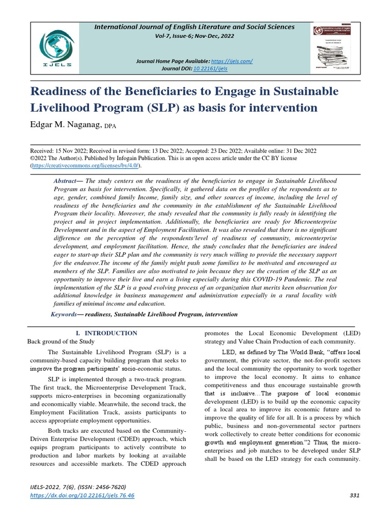 Readiness of The Beneficiaries To Engage in Sustainable Livelihood ...