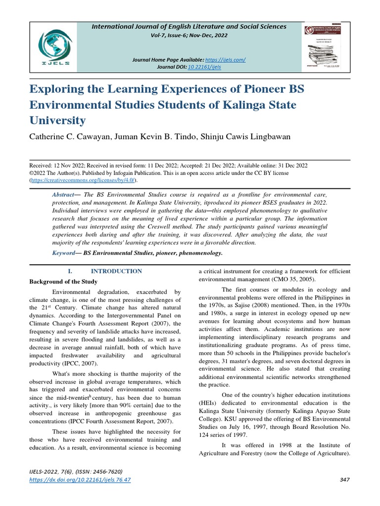 Exploring The Learning Experiences of Pioneer BS Environmental Studies ...