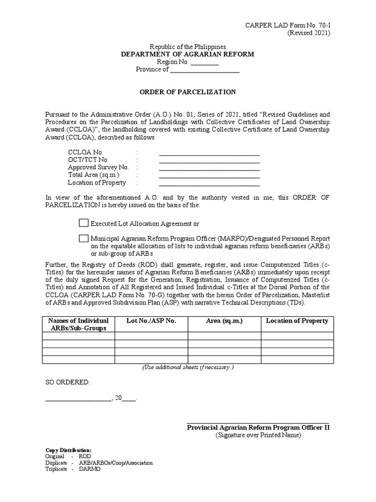 CARPER LAD Form No. 70-I Order of Parcelization | PDF | Property Law ...