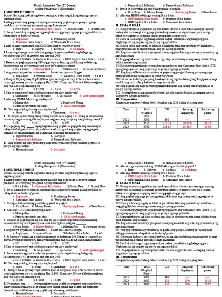 CPI and Inflation Test Questions | PDF