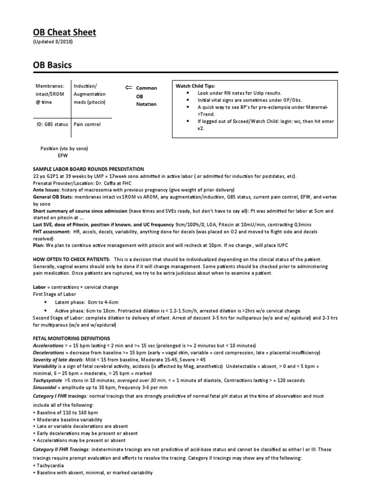 Obstetrics Cheat Sheet | PDF