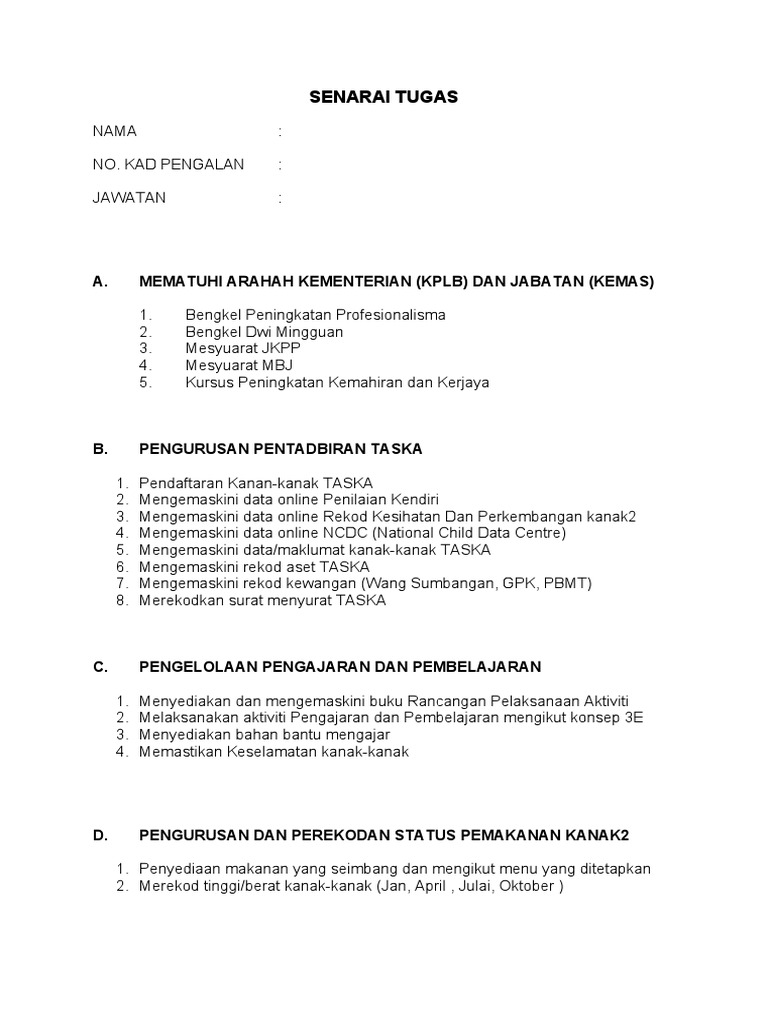 SENARAI TUGAS PM Taska | PDF