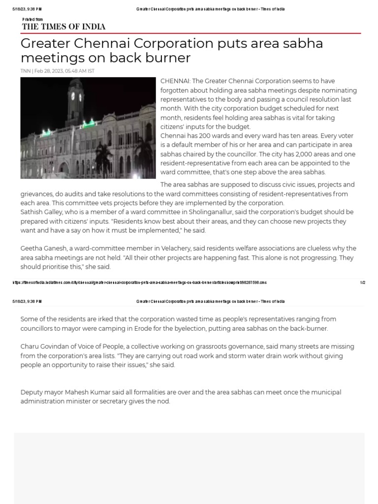Greater Chennai Corporation Puts Area Sabha Meetings On Back Burner - Times of India | PDF