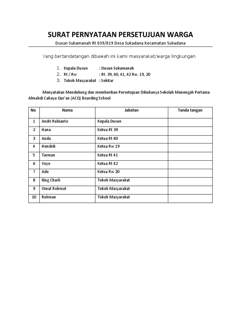 Surat Pernyataan Persetujuan Warga | PDF Surat Pernyataan Persetujuan Warga | PDF