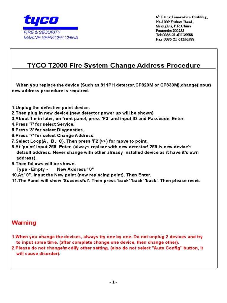 T2000 Fire System Address Change Guide | PDF