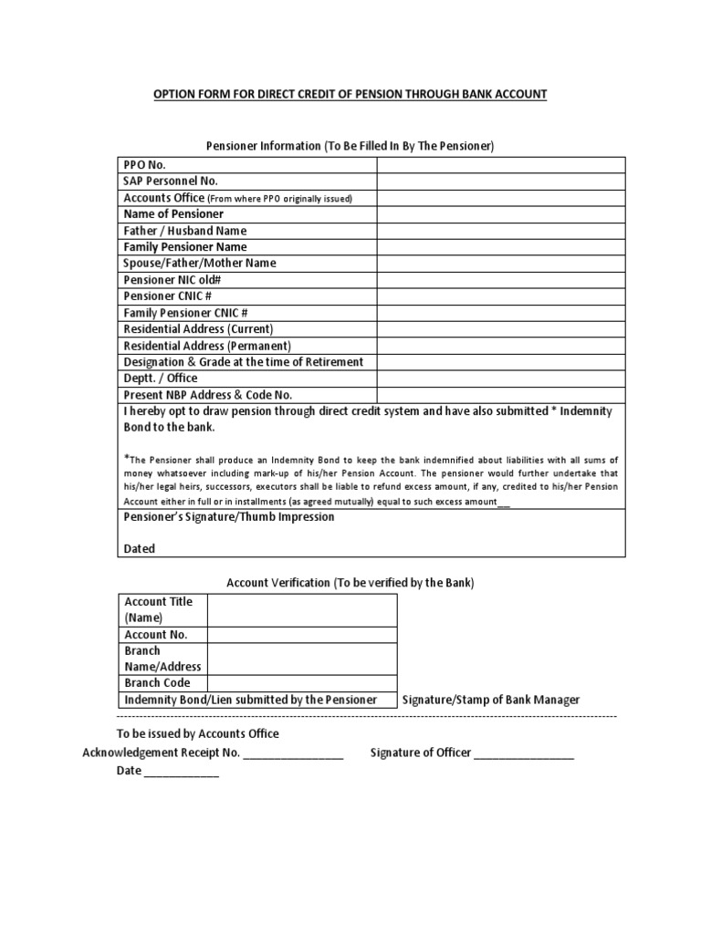 Option Form For Direct Credit of Pension Through Bank Account | PDF ...