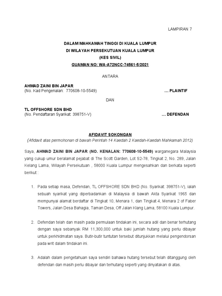Affidavit Sokongan Plaintiff | PDF