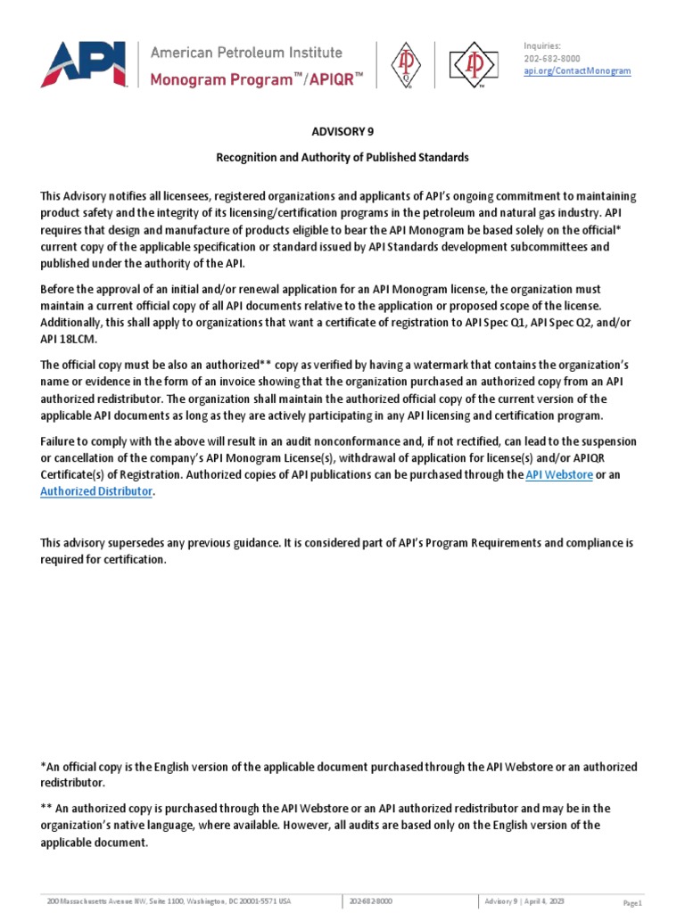 Advisory 9 API Recognition Authority of Published Standards 20230404 | PDF