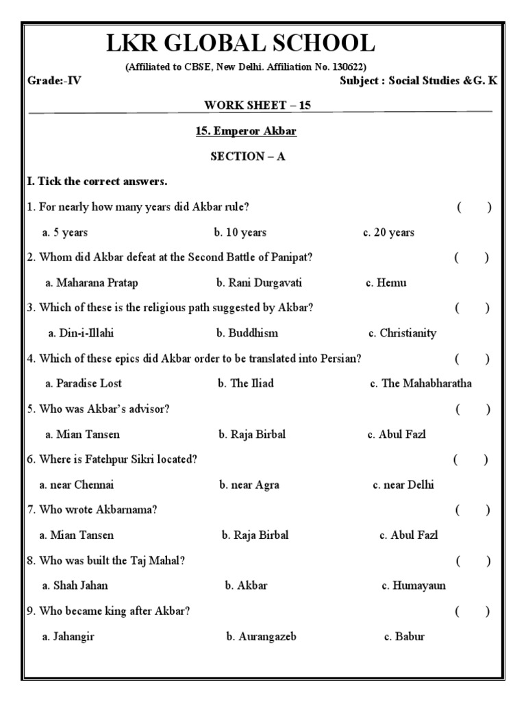 Grade 4 Lesson 15 Work Sheet Question Paper | PDF | Timurid Dynasty ...