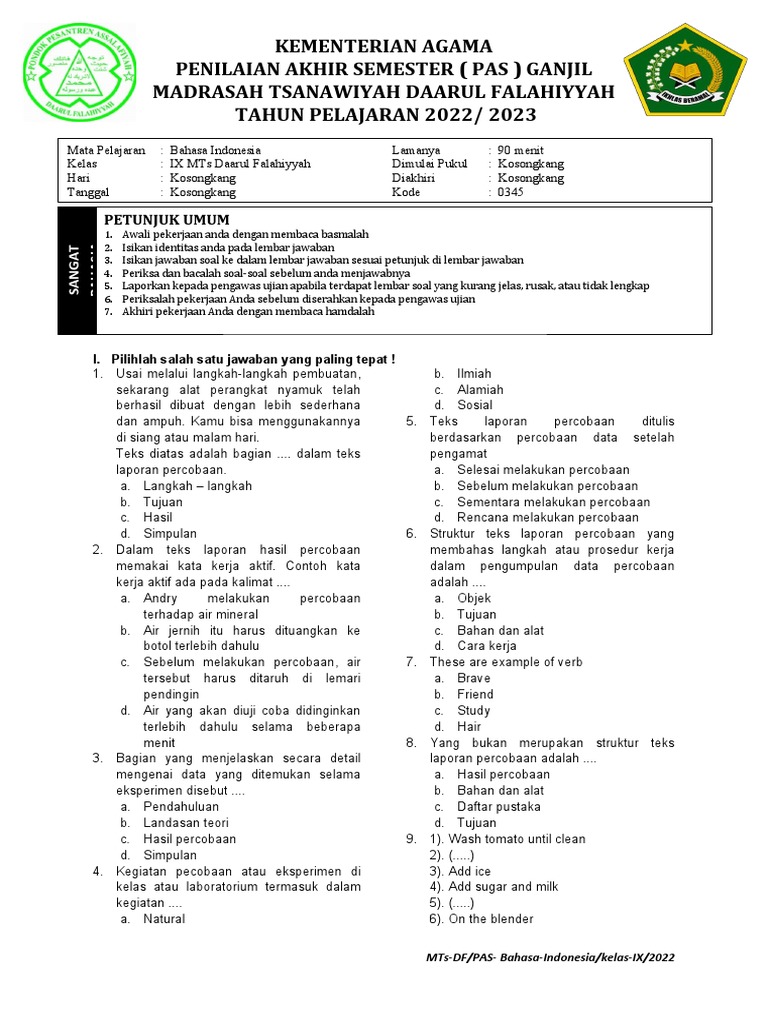 Soal Pas B.indonesia Kelas Ix | PDF