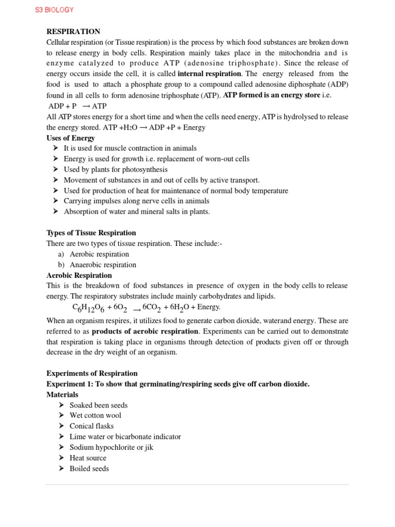 Respiration s3 Bio Notes | PDF | Cellular Respiration | Adenosine ...