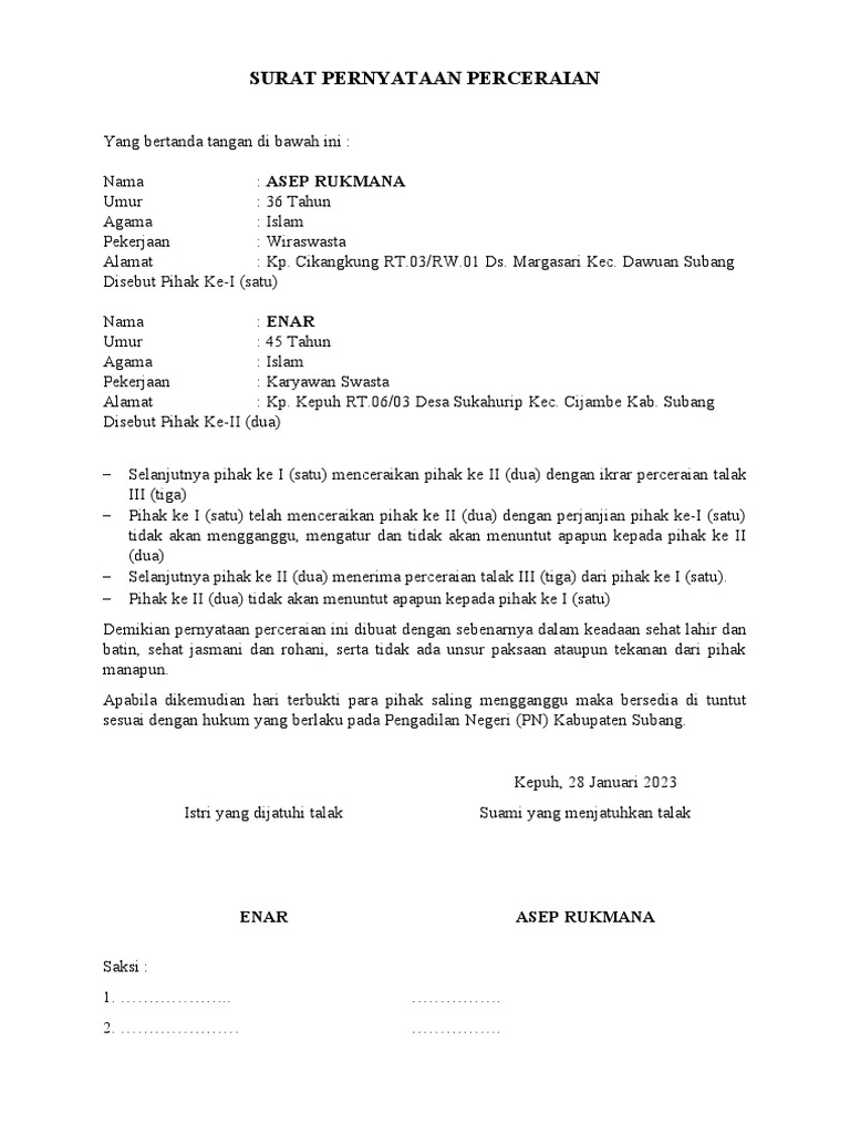 Surat Pernyataan Perceraian | PDF