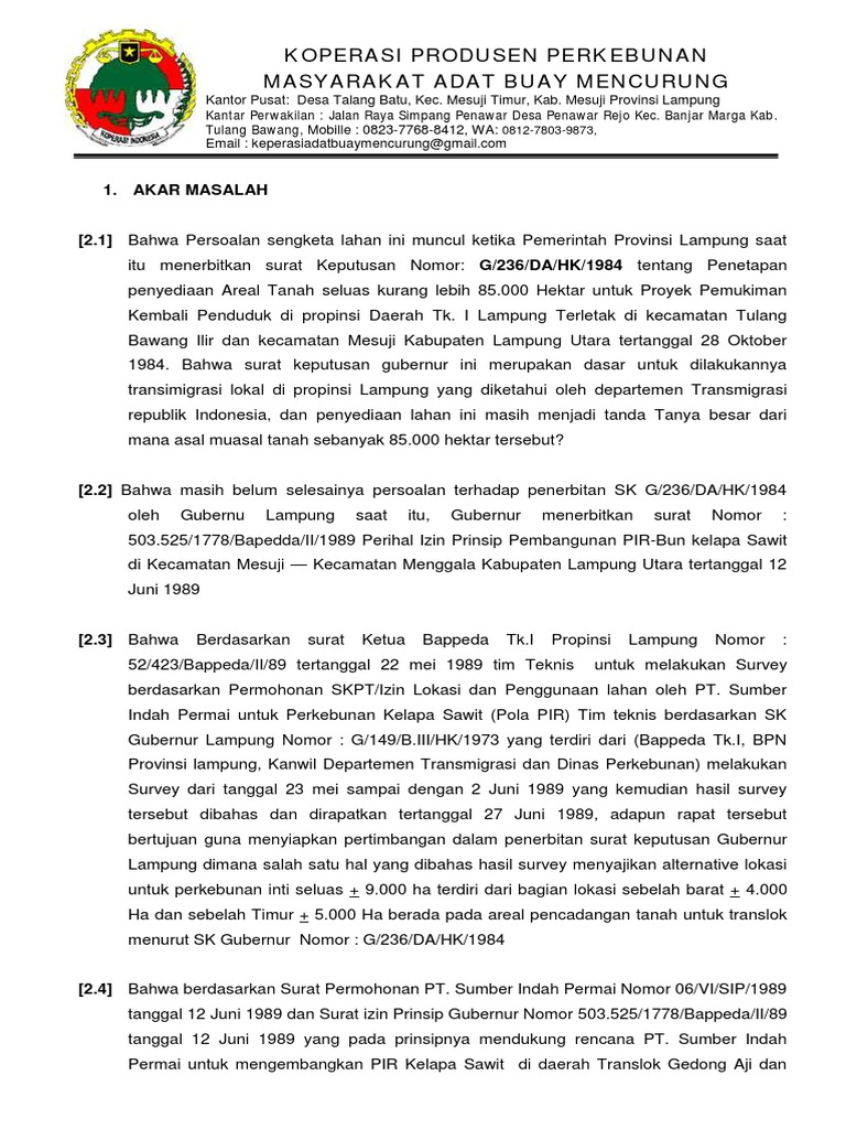 AKAR MASALAH PT. SIP DAN MASYARAKAT BUAY MENCURUNG PDF | PDF