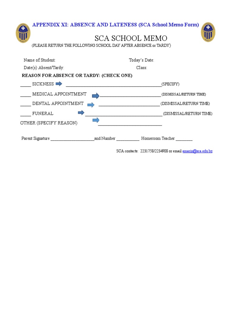 SCA School Absence Memo Form | PDF