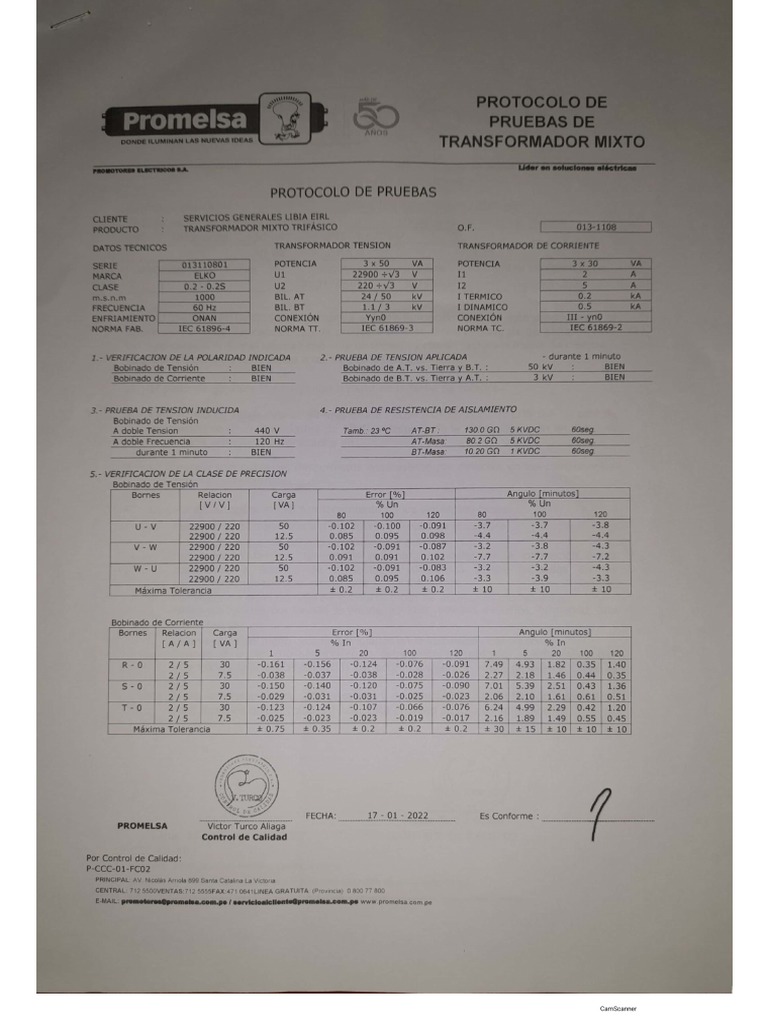 Protocolo de Pruebas de Transformador Mixto | PDF