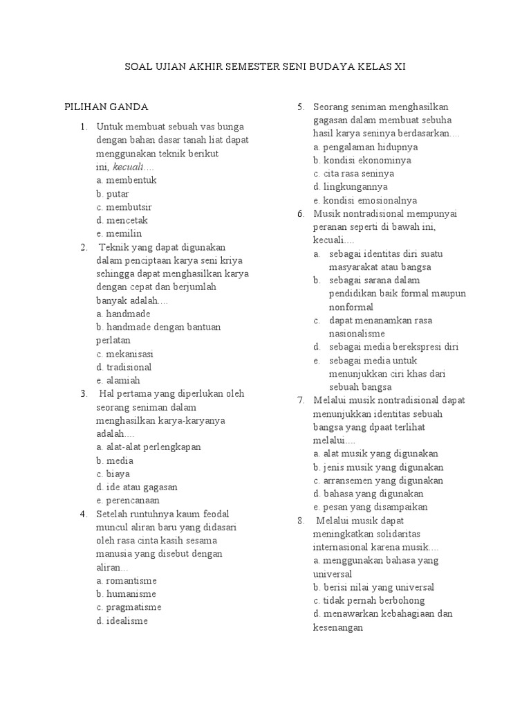 Soal Ujian Akhir Semester Seni Budaya Kelas Xi | PDF
