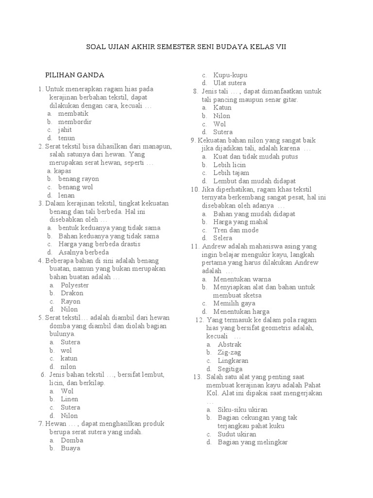 Soal Ujian Akhir Semester Seni Budaya Kelas Vii | PDF