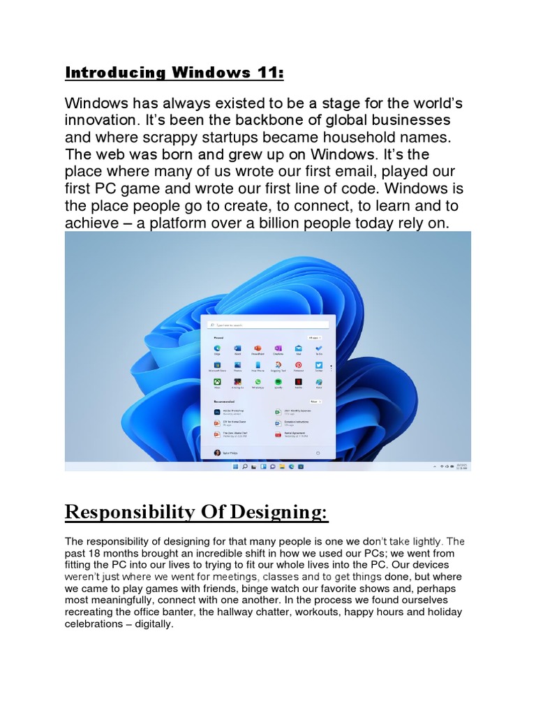 Responsibility of Designing:: Introducing Windows 11 | PDF