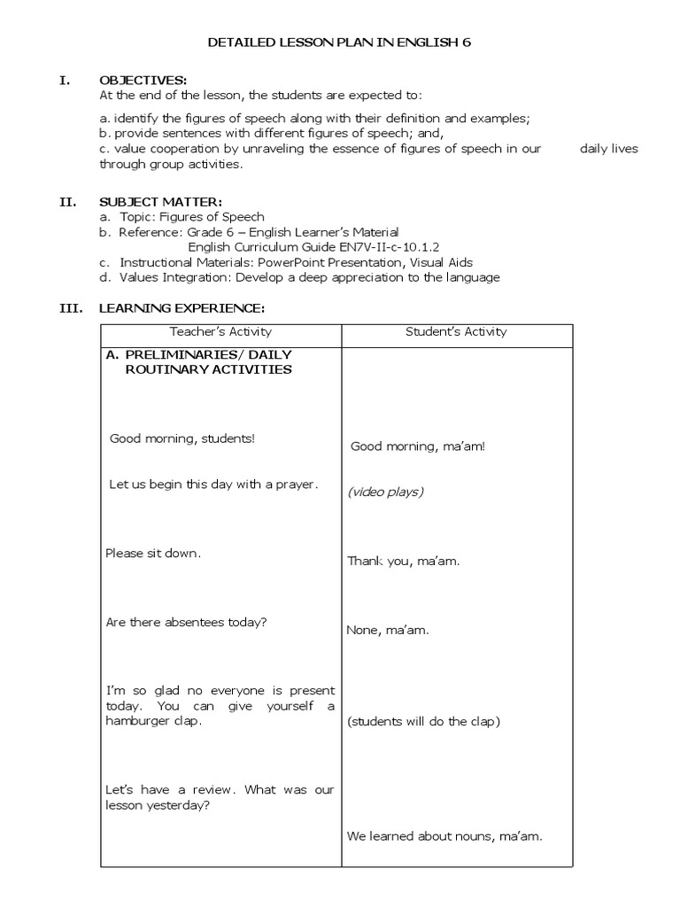 Figurative Language Lesson Plan for Grade 6 | PDF | Metaphor | Lesson Plan