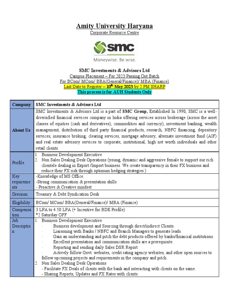 SMC Investments_BCom,MCom,BBA,MBA_2023 Passing out Batch | PDF