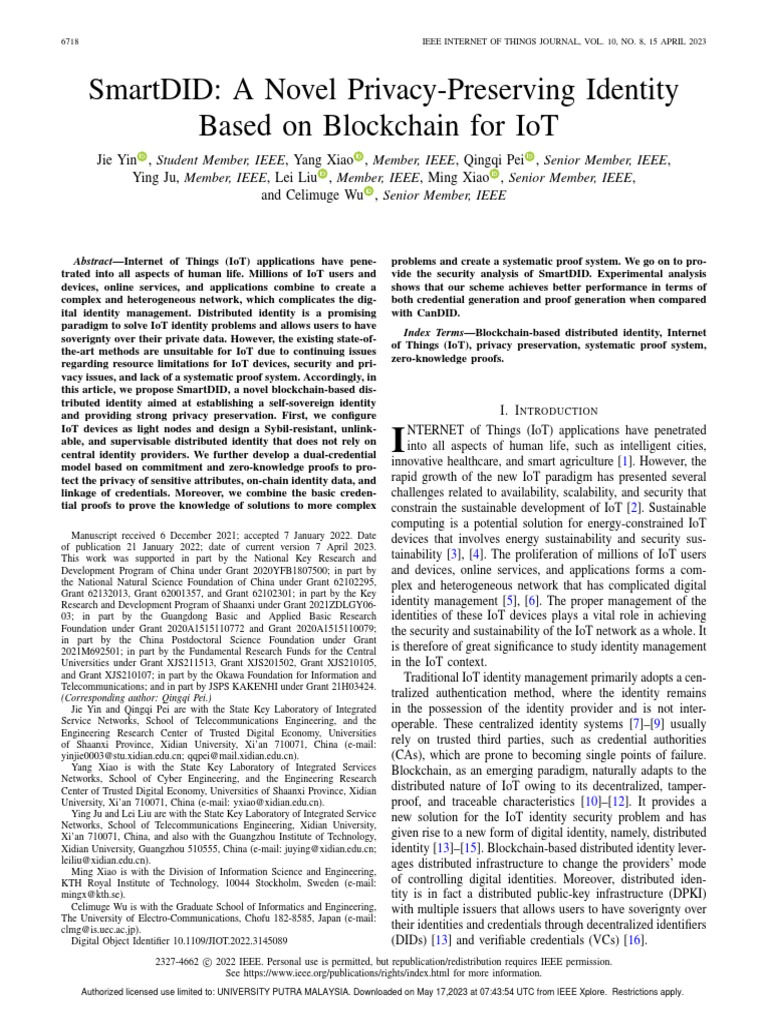 SmartDID A Novel Privacy-Preserving Identity Based On Blockchain For IoT | PDF | Computers