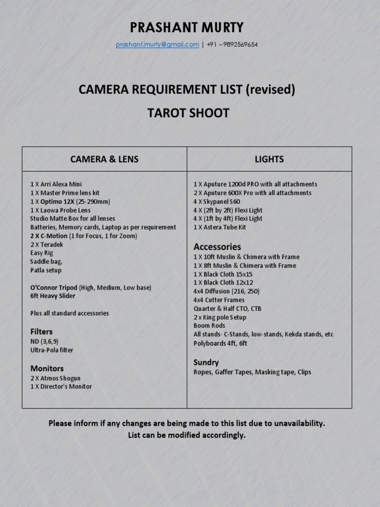 Revised Camera Requirement List - Tarot Shoot | PDF