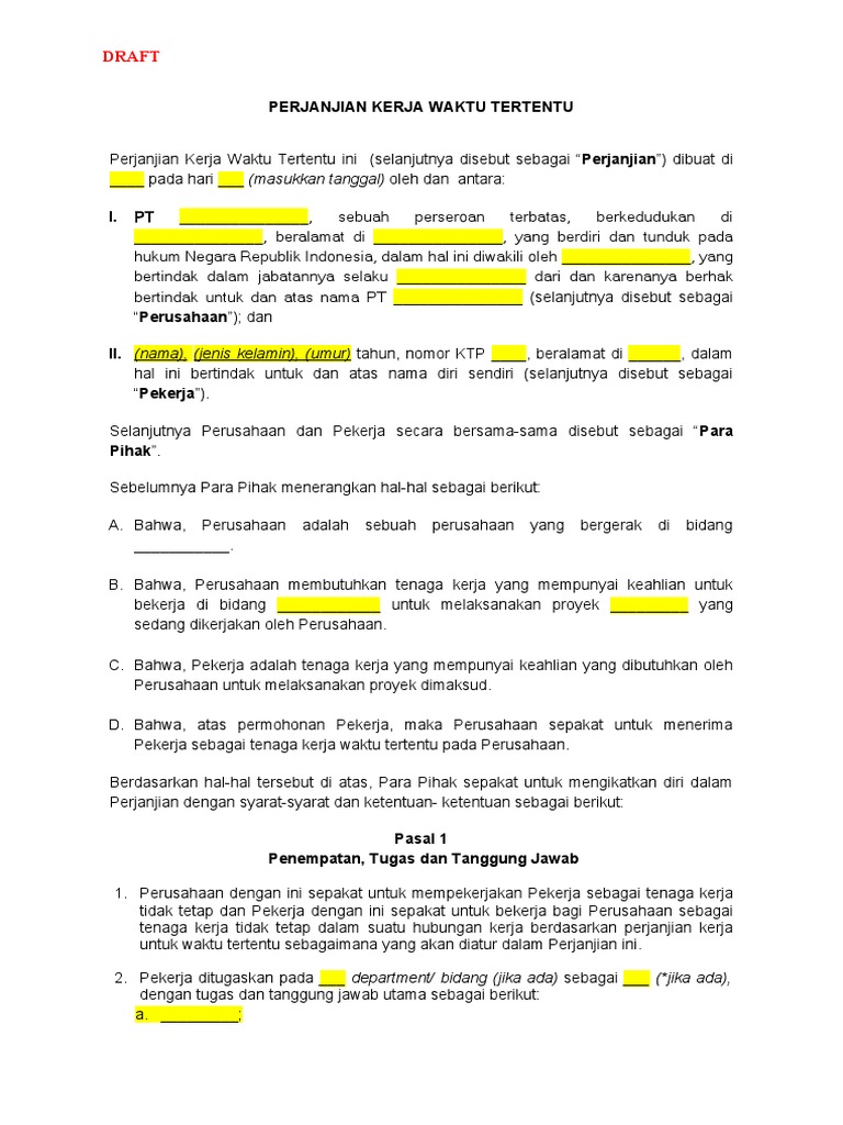 PERJANJIAN KERJA -PKWT- | PDF