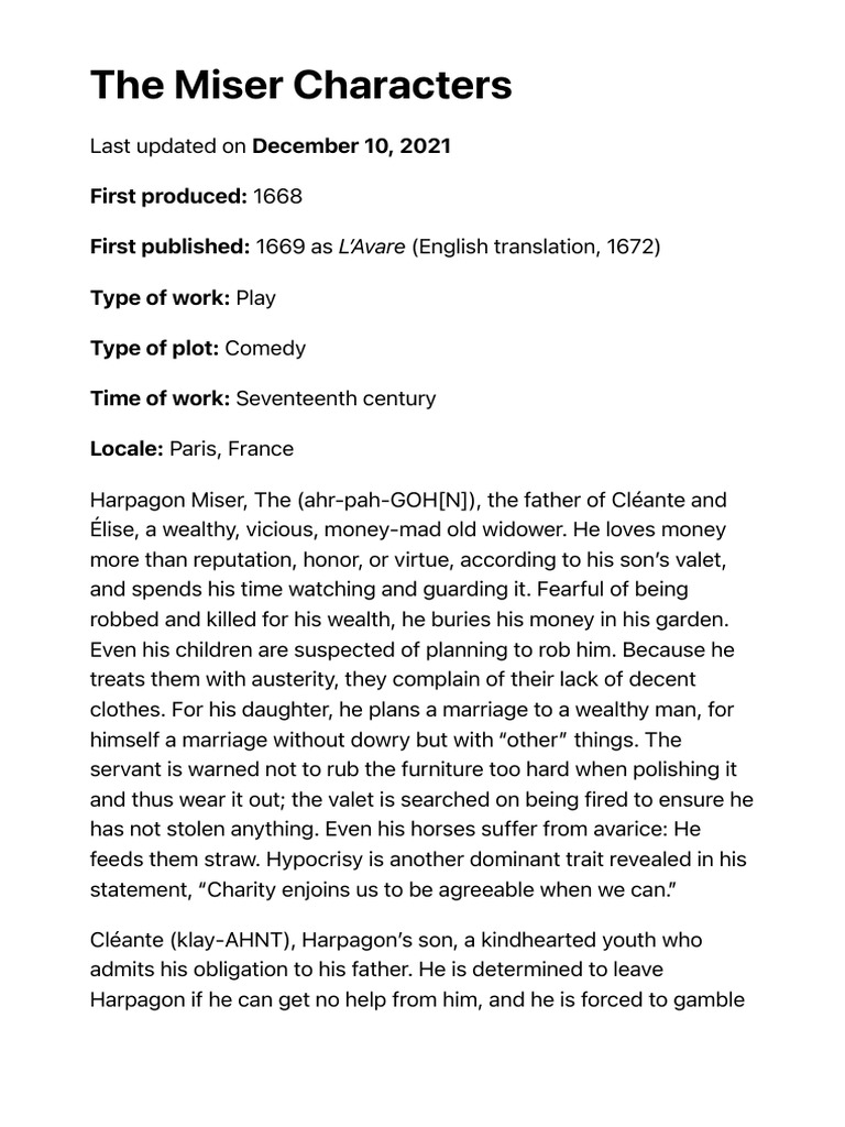 The Miser Characters - WikiSummaries | PDF