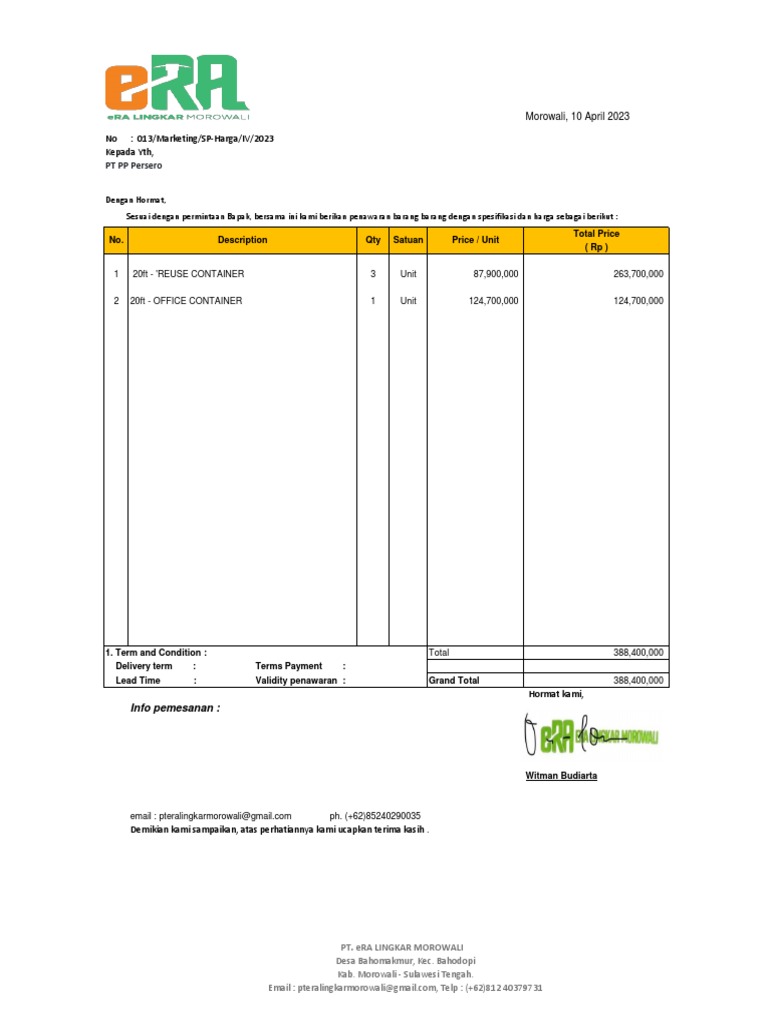 FORM Penawaran - Container | PDF
