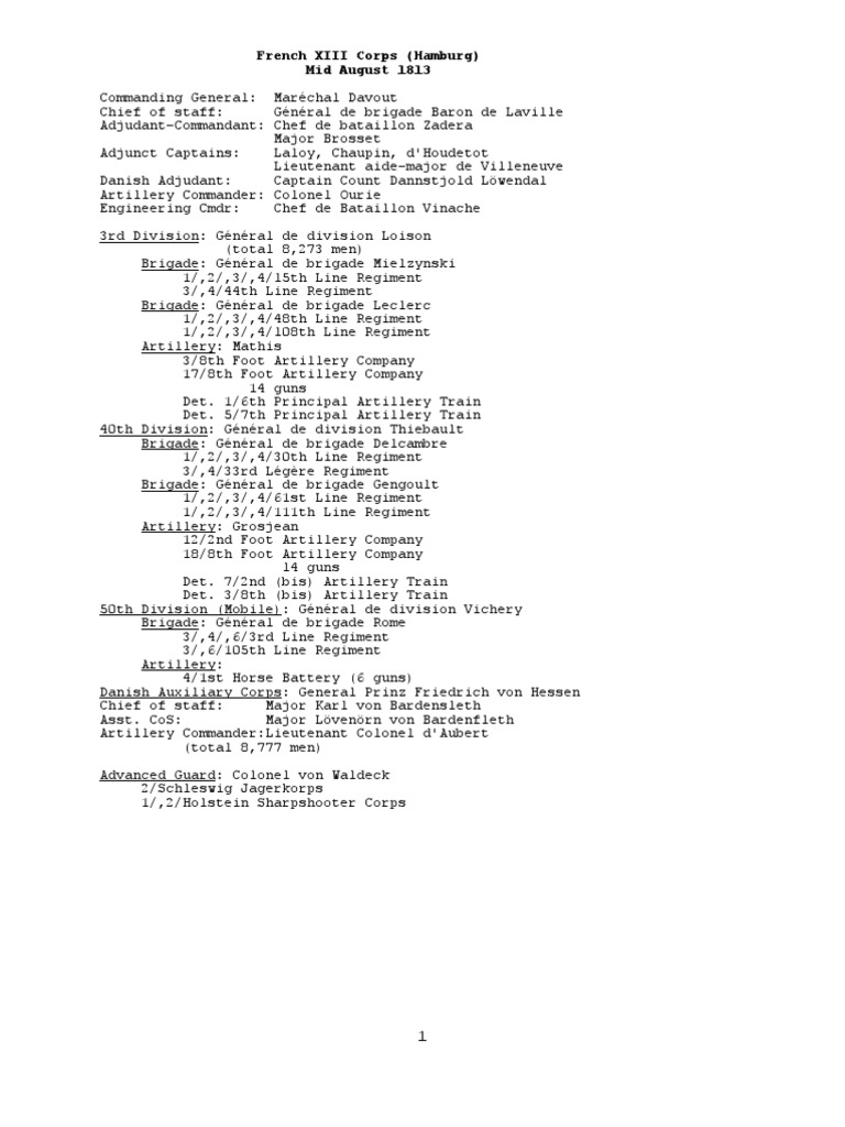French XIII Corps (Hamburg), Mid-August 1813 | PDF | Regiment | Brigade