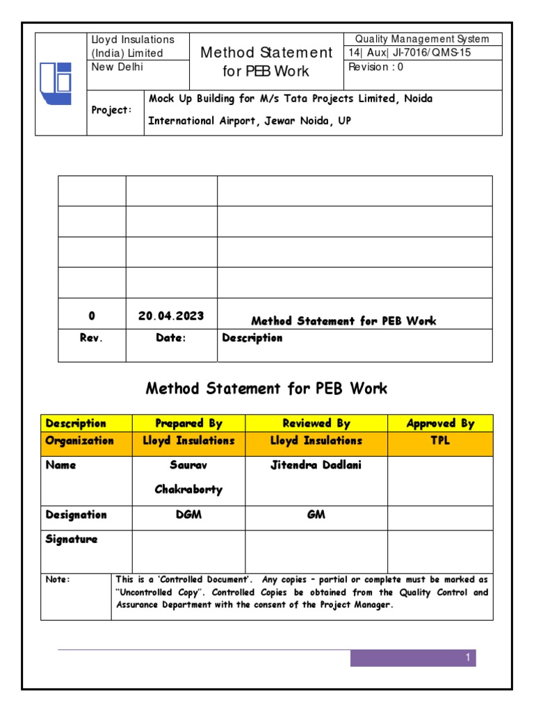Method Statement For PEB Work | PDF | Screw | Scaffolding